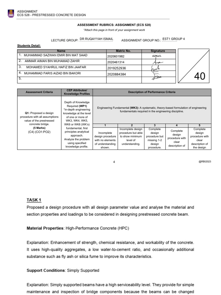 Prestressed Assignment-oct23-Feb24 - Est1 Group 4 | PDF | Concrete | Prestressed Concrete