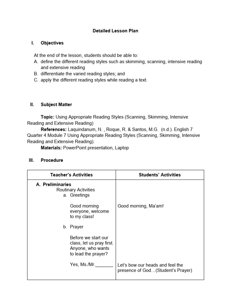 Detailed Lesson Plan | PDF | Speed Reading | Reading Comprehension