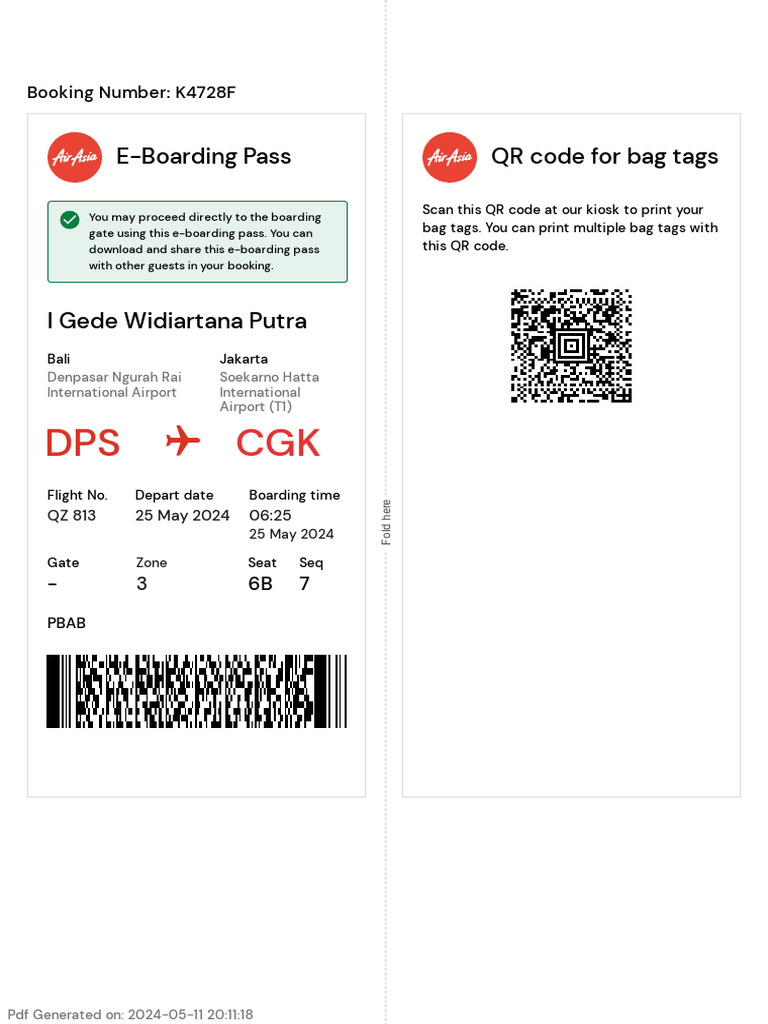 E-Boarding Pass QR Code For Bag Tags: Booking Number: K4728F | PDF
