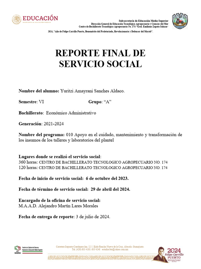 Reporte Servicio Social CBTA 174 | PDF