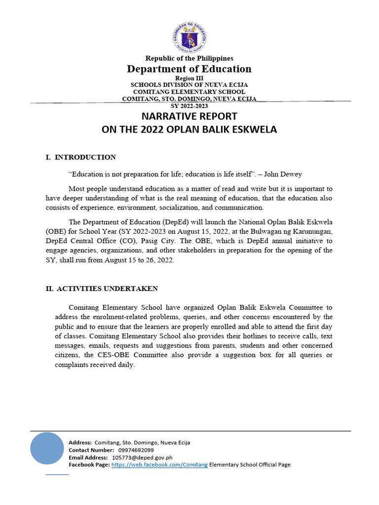 Oplan Balik Eskwela Narrative Report 2022 | PDF | Wellness