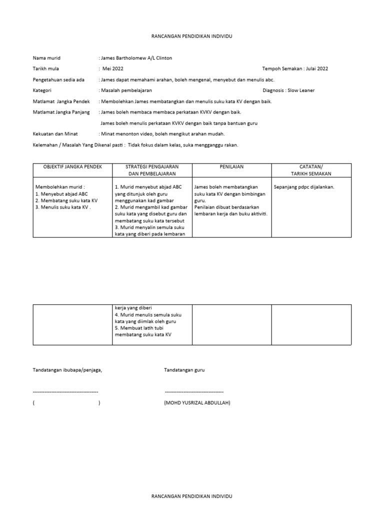 Rancangan Pendidikan Individu Murid Bekeperluan Khas | PDF