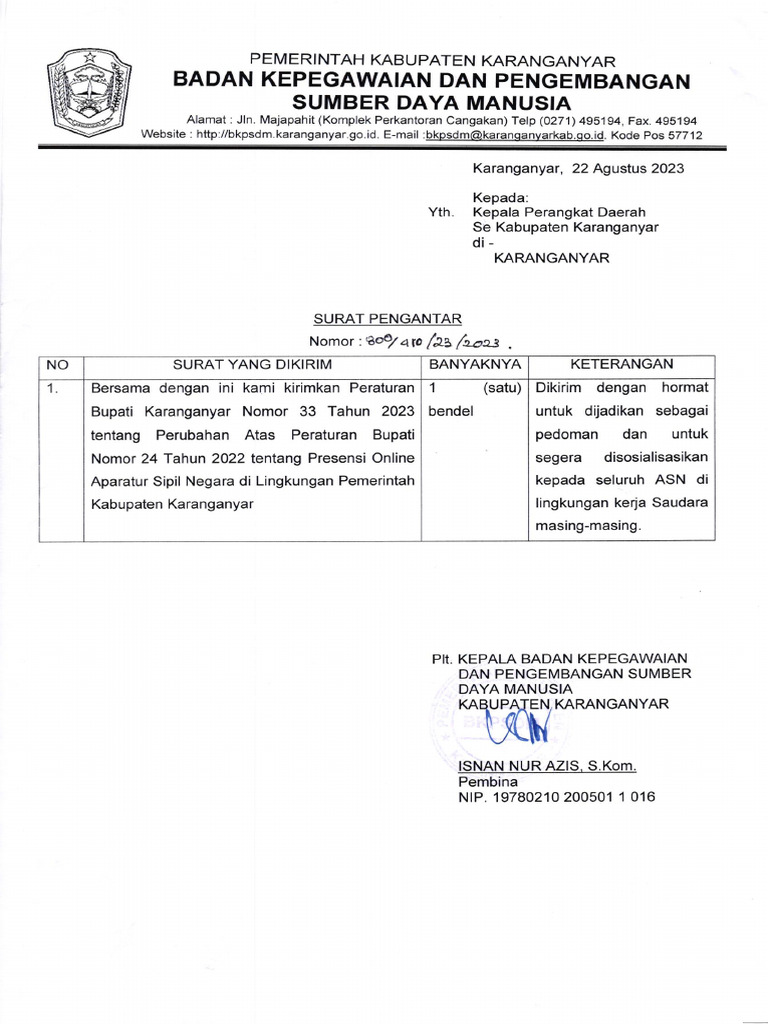 Perbup Perubahan Presensi Online 2023 | PDF