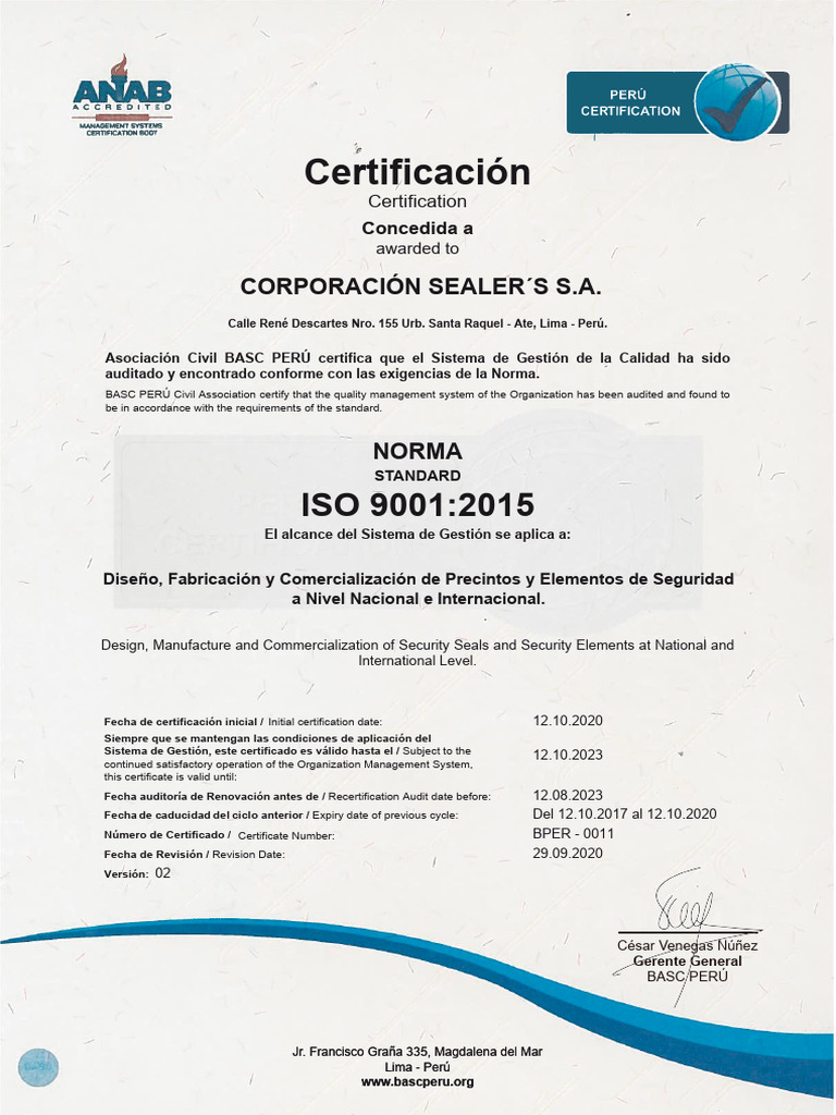 Cert. ISO 9001-2015 PERU | PDF | Gestión de la calidad