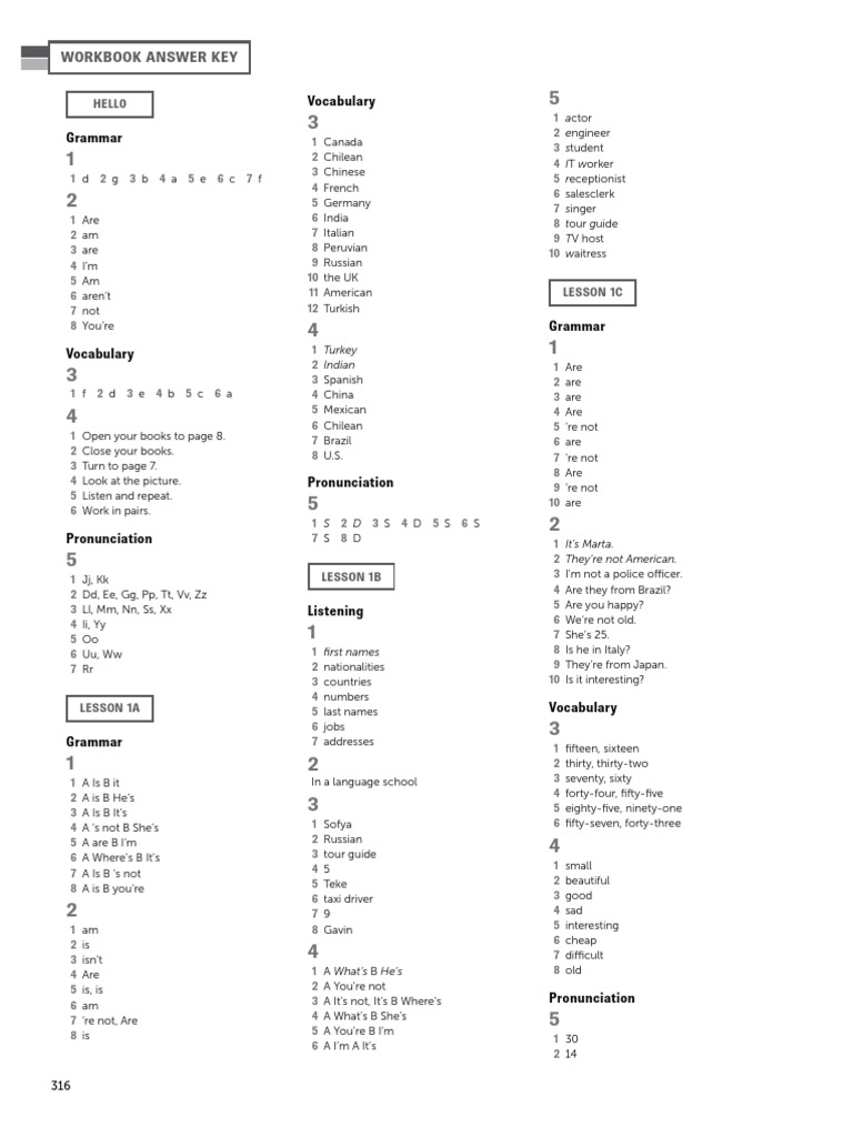 A1 Workbook Answer Key | PDF