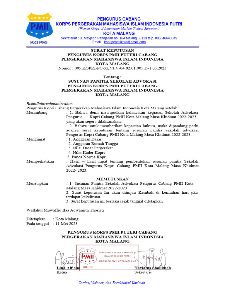 005.kopri-Pc-Xlvi.v-04.02.01.005.d-1.05.2023 SK Panitia Sekolah Advokasi | PDF
