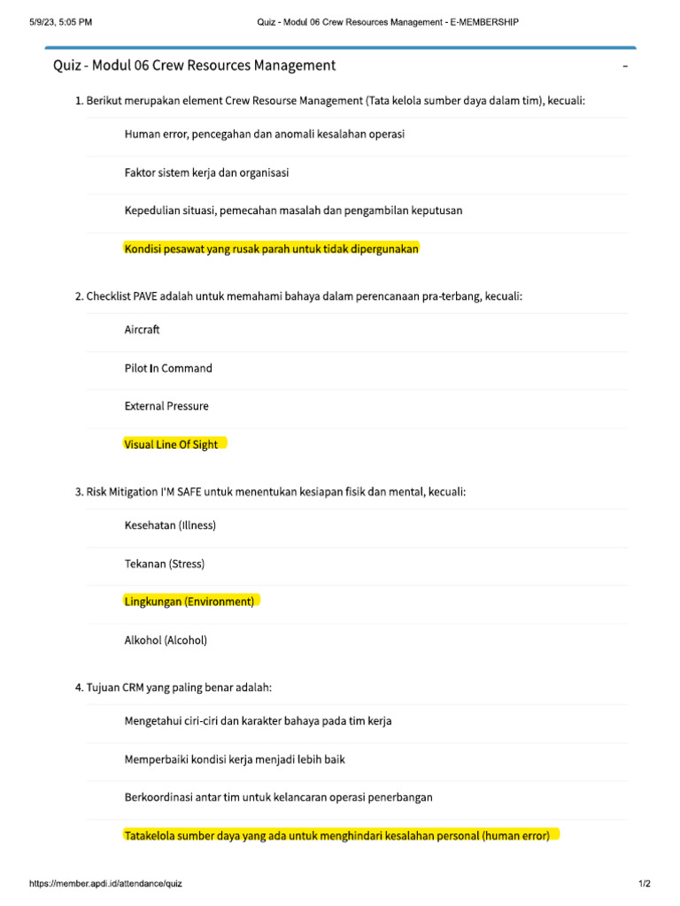 Quiz - Modul 06 Crew Resources Management - E-MEMBERSHIP | PDF | Technology & Engineering