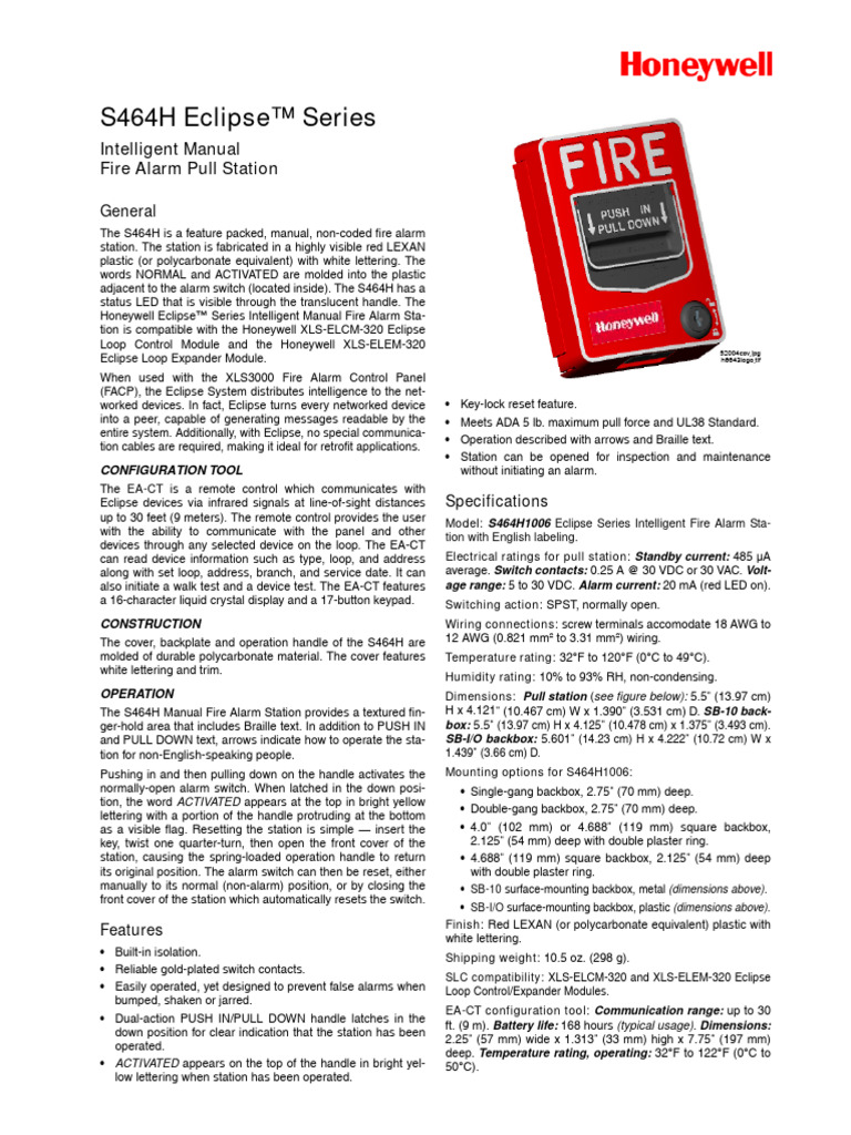 S464H Eclipse™ Series: Intelligent Manual Fire Alarm Pull Station | PDF ...