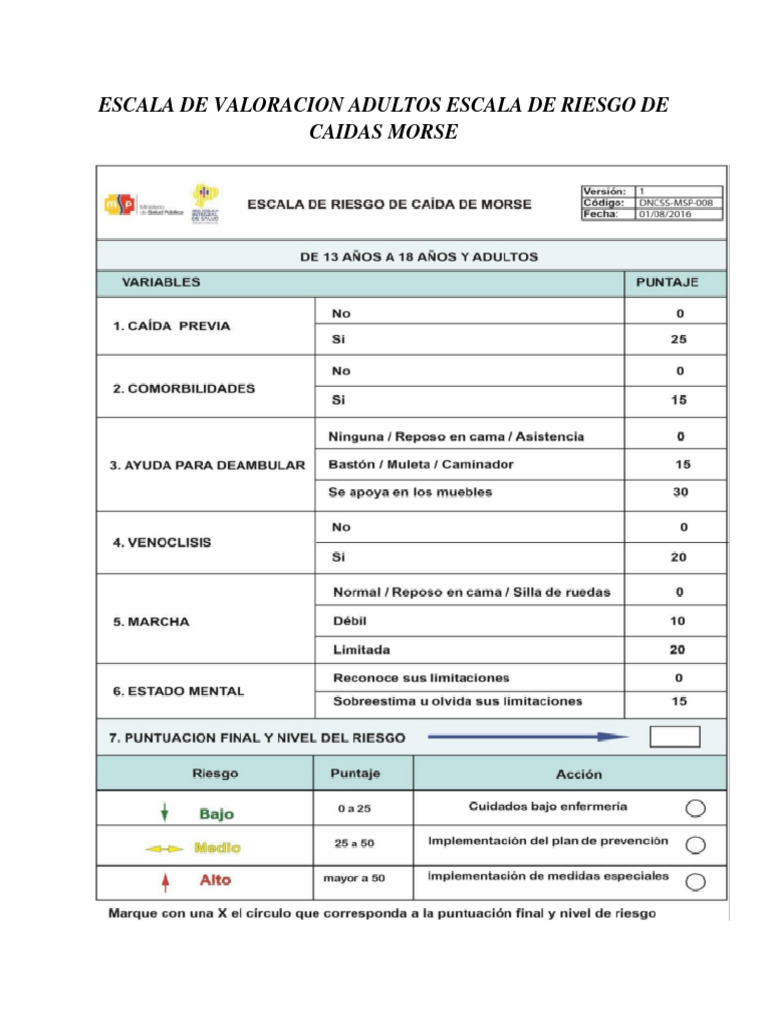 Escala de Valoracion Adultos Escala de Riesgo de Caidas Morse ...