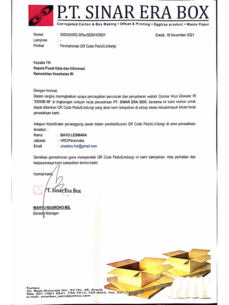 Surat Permohonan QR Code PEduliLindungi | PDF