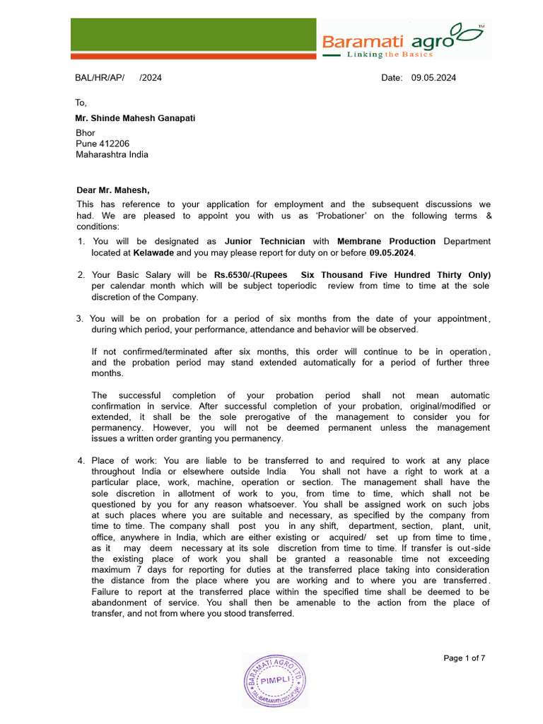 Appointment Letter - Mr. Shinde Mahesh Ganapati | PDF | Employment | Patent