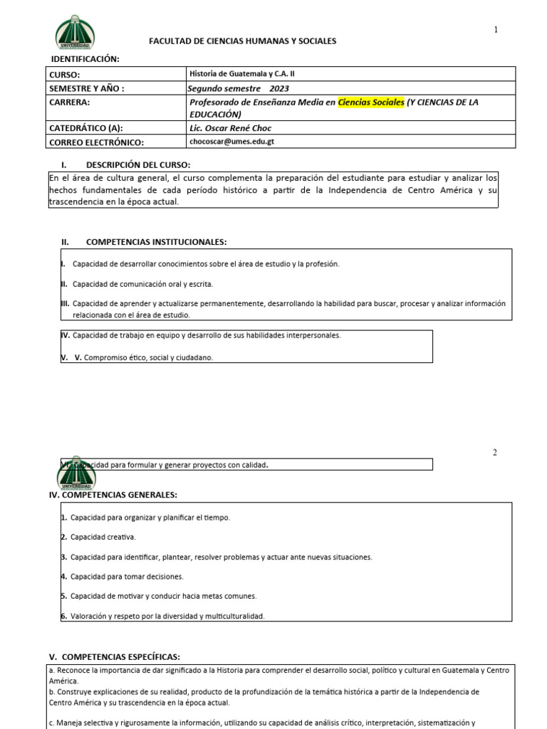HIST - DE GUATEMALA Y C.A. II. Semestre 2, PEM CC Educación, Lic. Oscar ...