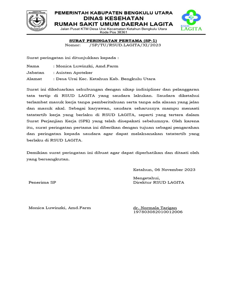 Surat Peringatan Karyawan RSUD Lagita | PDF