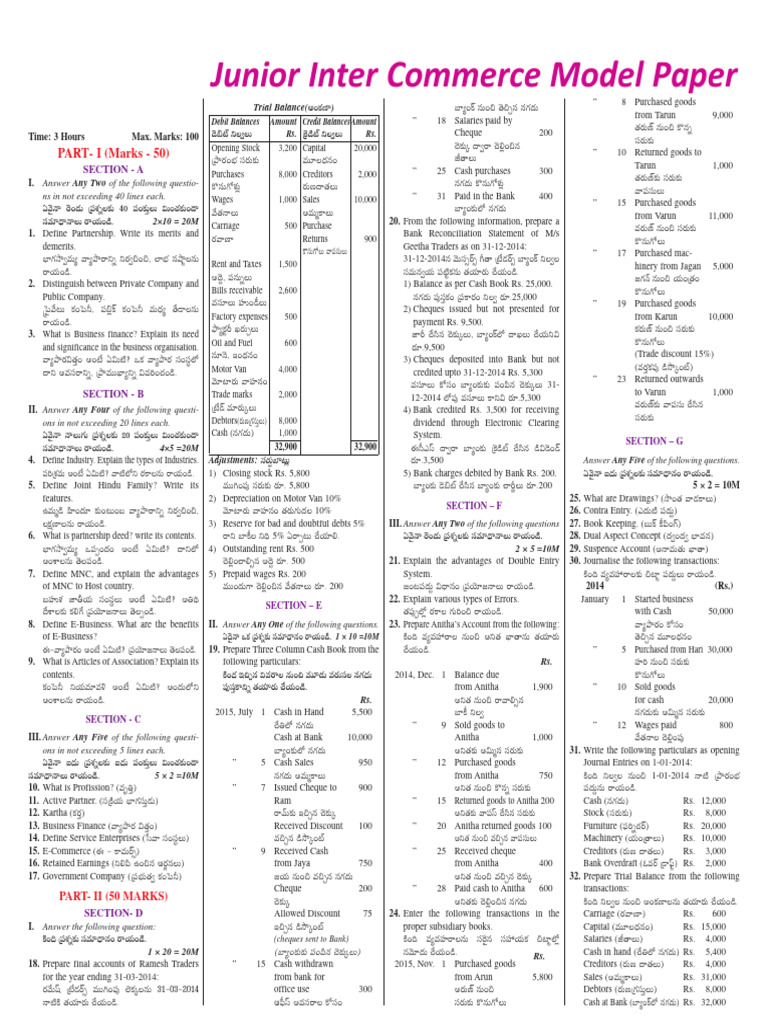 8874inter 1st Year Commerce Model Paper - 1 Telugu Medium | PDF | Business Economics | Financial ...