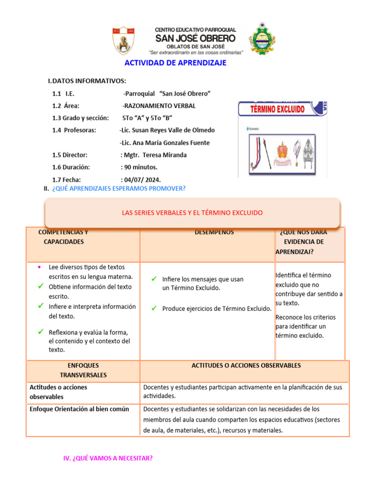 Sesion de Raz. Verbal Dia 04 de Julio El Termino Exluido Series Verbales y Termino Excluido ...