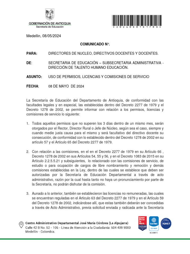 Comunicado Uso de Permisos Licencia y Comisiones de Servicio | PDF | Gobierno | Justicia