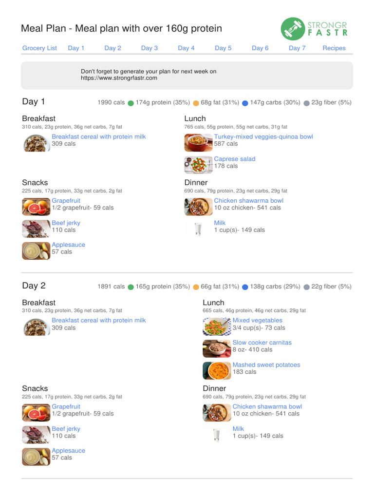 meal_plan_with_over_160g_protein | Download Free PDF | Lunch | Meal