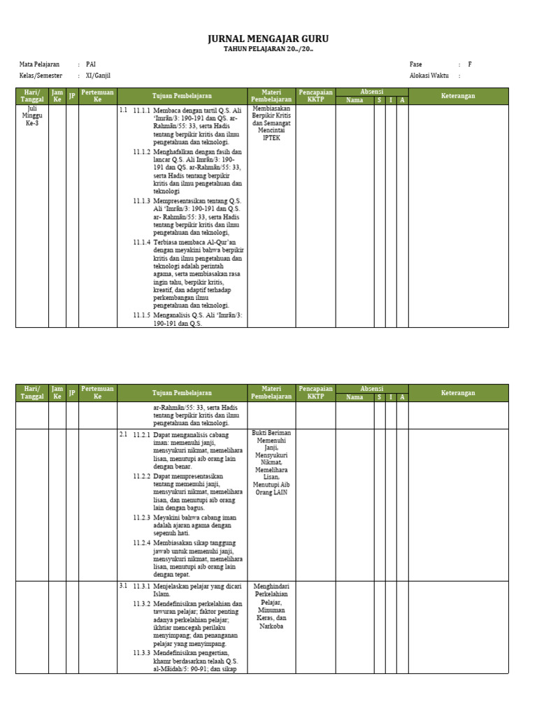 Jurnal Mengajar PAI K-XI | PDF