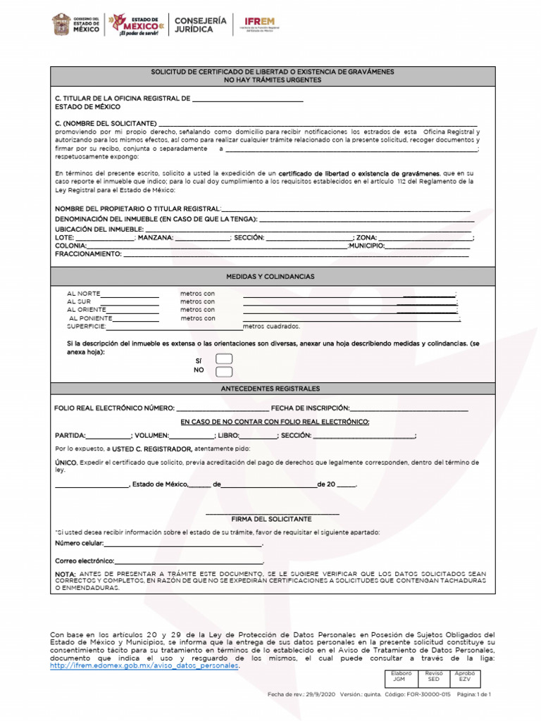Solicitud de Certificado de Libertad o Existencia de Gravámenes | PDF ...