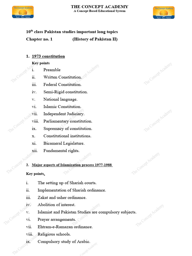 Key Topics in Pakistan Studies 10th Grade | PDF | Pakistan | India ...