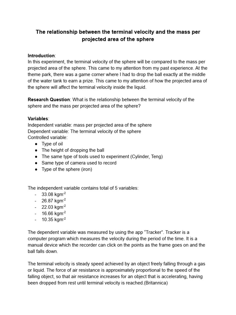 Terminal Velocity and Sphere Mass Ratio | PDF | Force | Drag (Physics)
