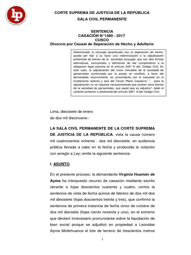 Casacion 1480 2017 Cusco LPDerecho | PDF | Divorcio | Propiedad de la comunidad