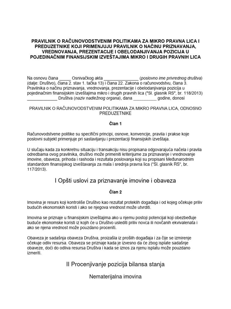 Pravilnik o Računovodstvenim Politikama Za Mikro Pravna Lica I Preduzetnike Koji Primenjuju ...