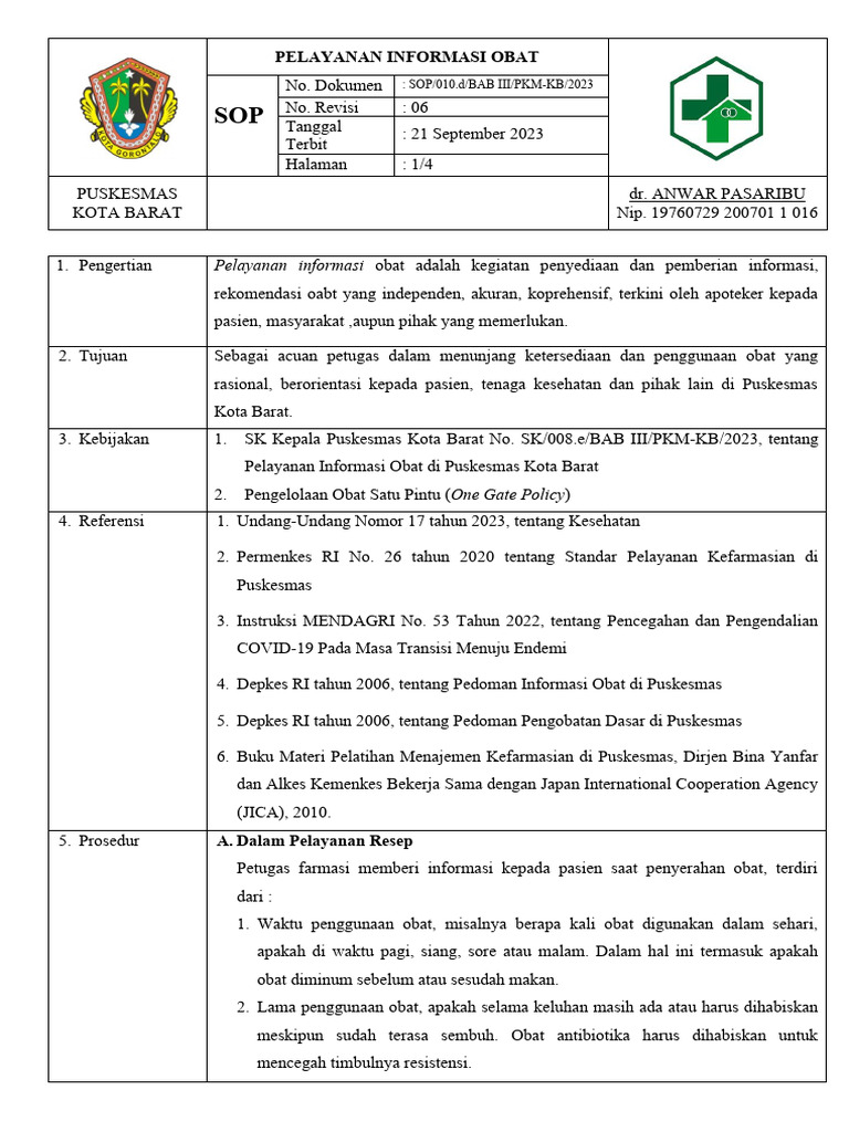 SOP Pelayanan Informasi Obat (PIO) (Revisi) | PDF