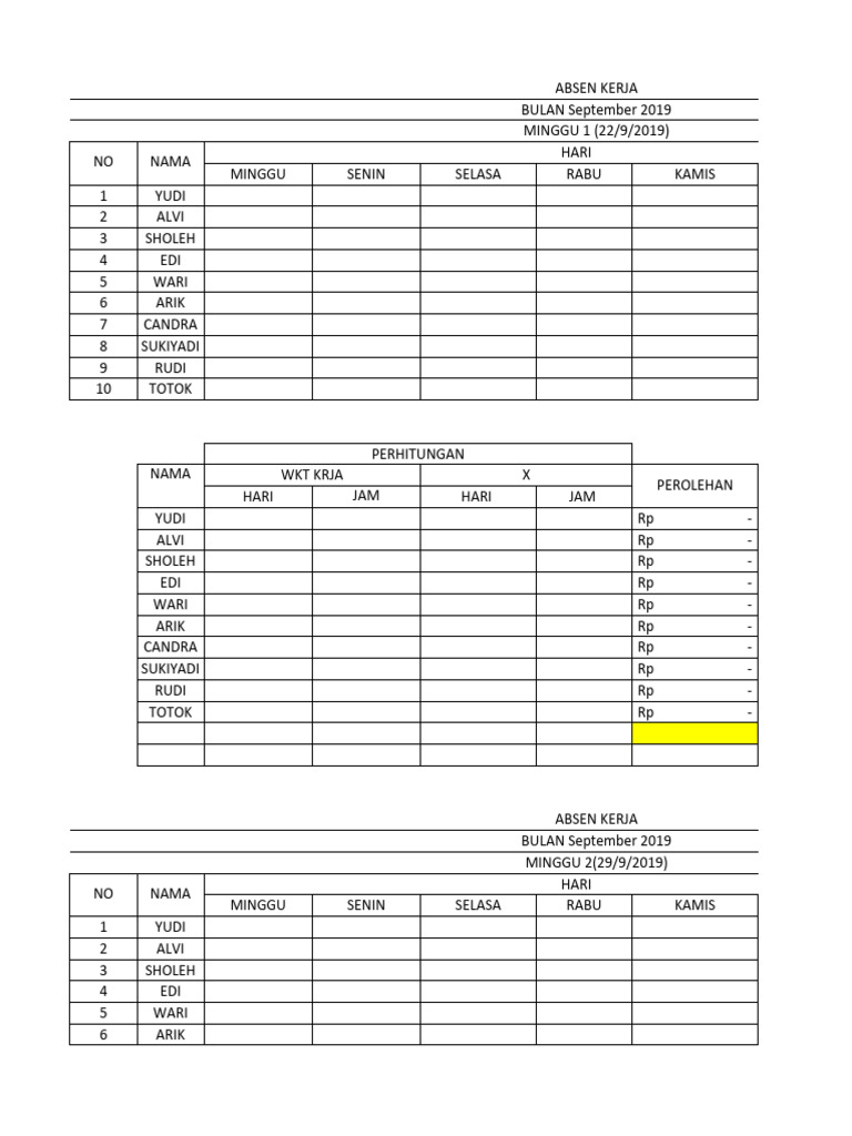 Absen Kerja Pak Yudi September 2019 | PDF
