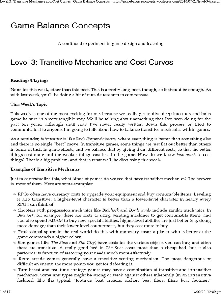 Level 3 Transitive Mechanics and Cost Curves - Game Balance Concepts | PDF