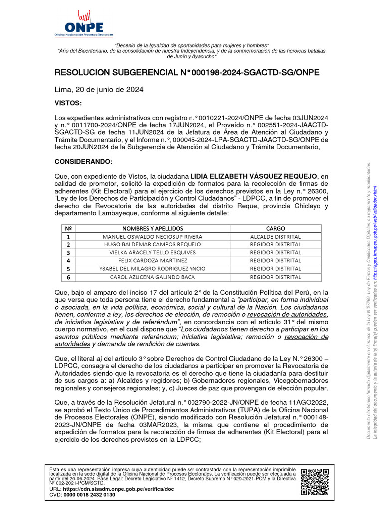 RSG 198 2024 Sgactd SG | PDF | Gobierno | Perú