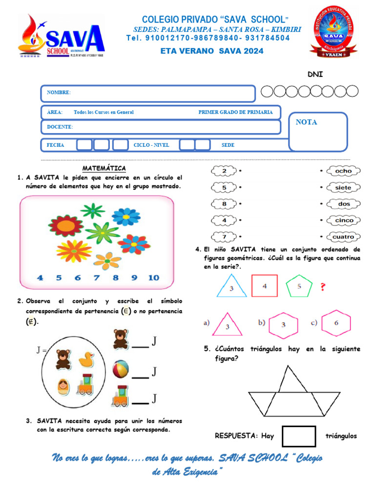 Examen Tipo Admision de Primer Grado | PDF