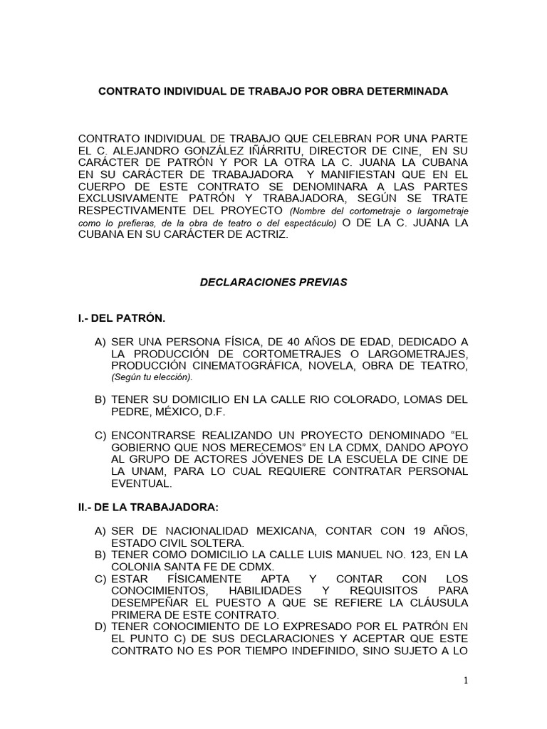Contrato Individual de Trabajo Por Obra Determinada | PDF | Salario