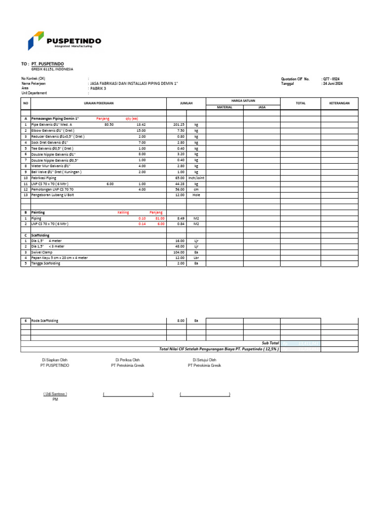 B 77.1 - 0624 PSP - Jasa Installasi Piping Demin (Pabrik 3) | PDF