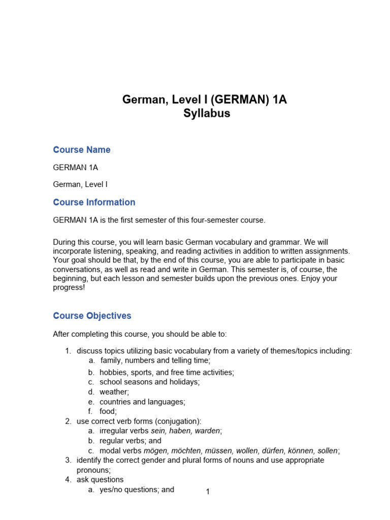 GERMAN1A Syllabus | PDF | Grammatical Gender | Verb