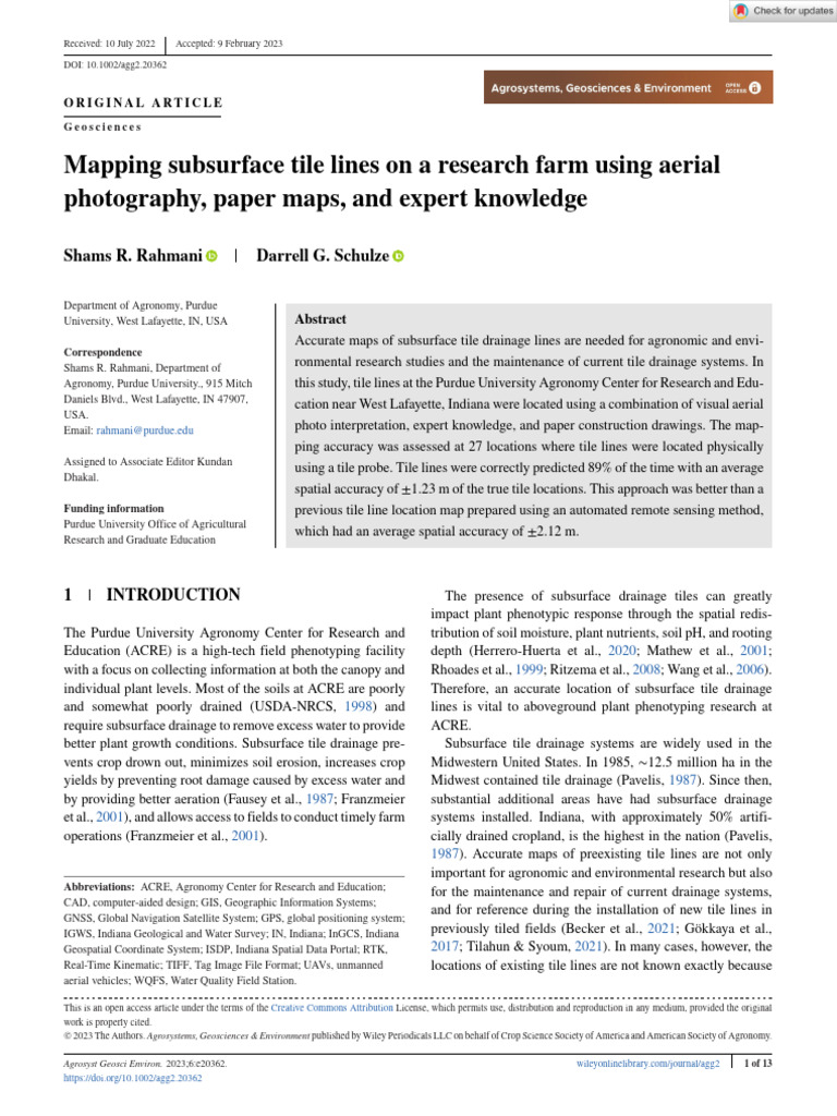 Agrosystems Geosci Env - 2023 - Rahmani - Mapping Subsurface Tile Lines On A Research Farm Using ...
