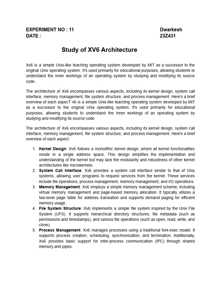 Overview of XV6 Operating System Architecture | PDF | Kernel (Operating ...