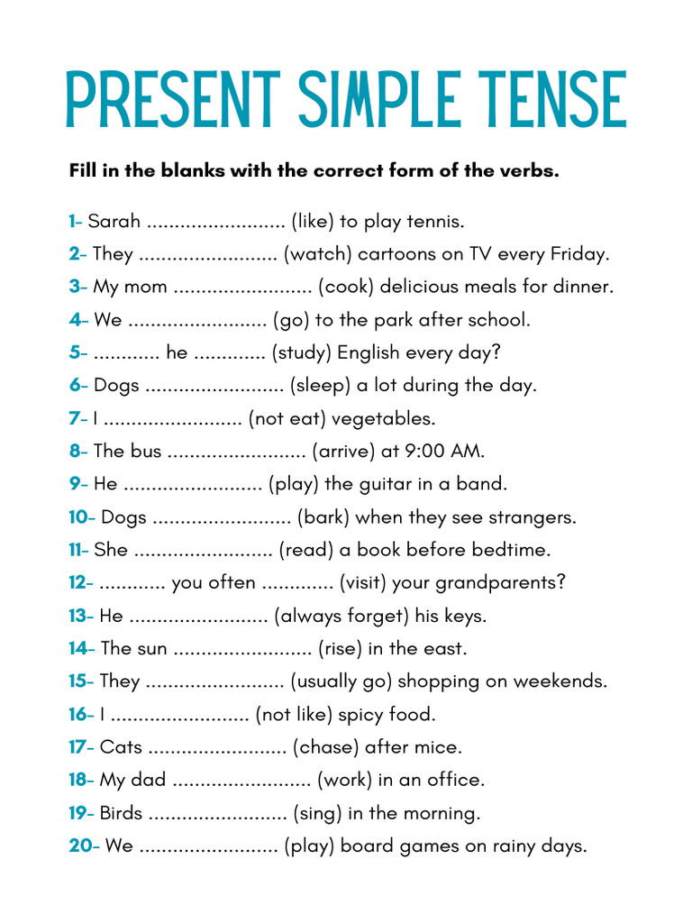 Present Simple Tense Worksheet in Turquoise White Basic Style | PDF ...