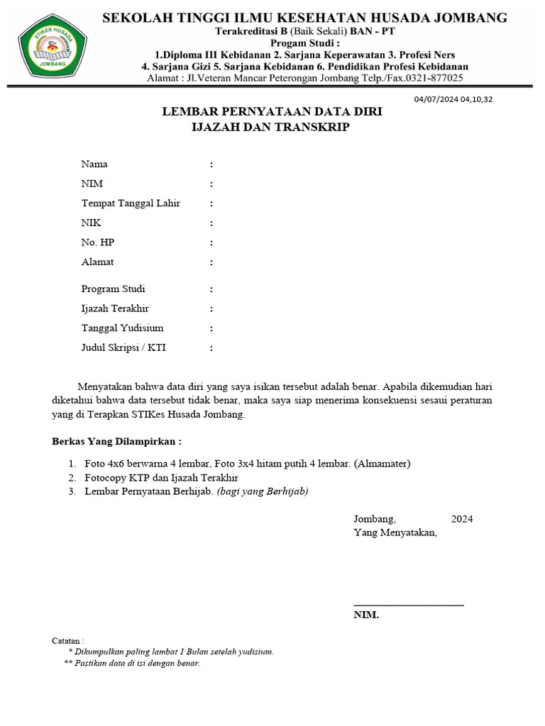 Lembar Pernyataan Data Diri Ijazah Dan Transkrip | PDF