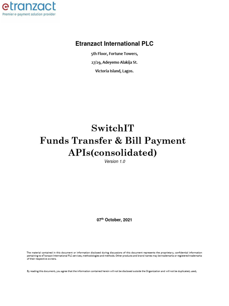 SwitchIT 4.0 FT and Bill Payment Consolidated API Documentation | PDF ...
