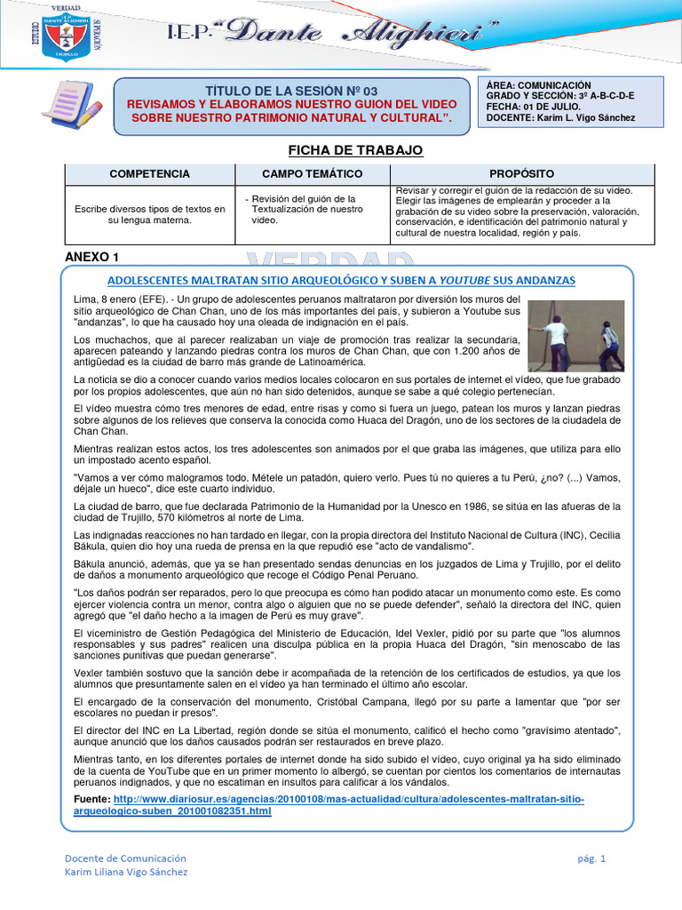 Ficha de Trabajo Sesión Nº 03 de IV Unidad Revisamos y Elaboramos ...