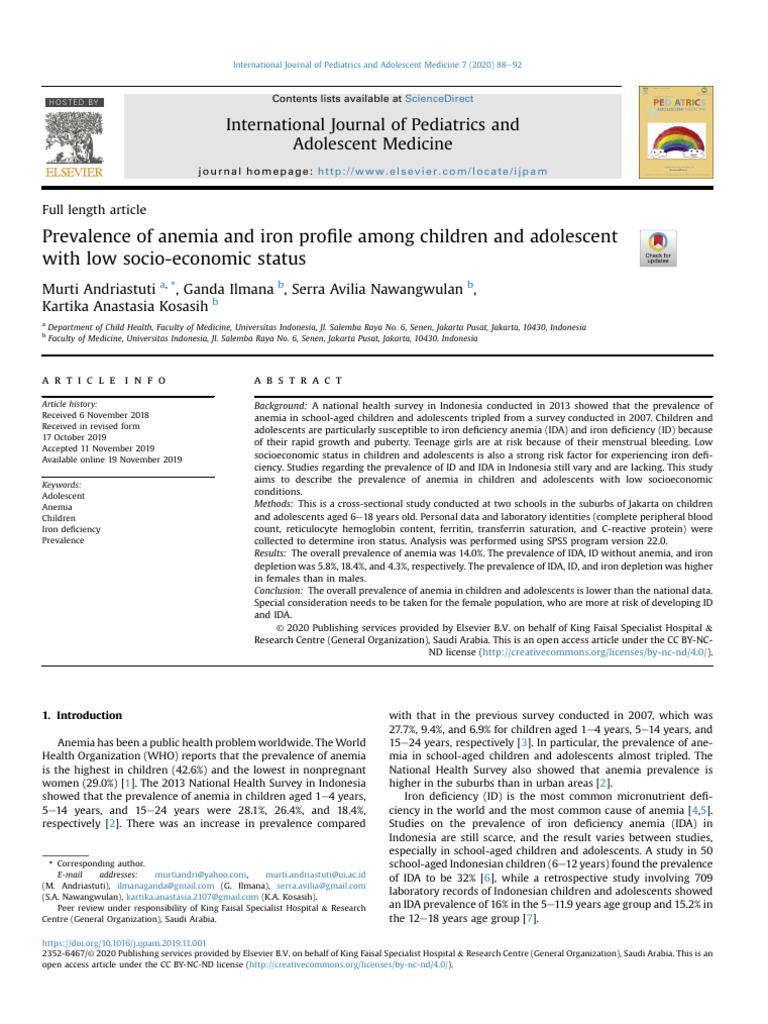Prevalence of Anemia and Iron Profile Among Children and Adolescent ...