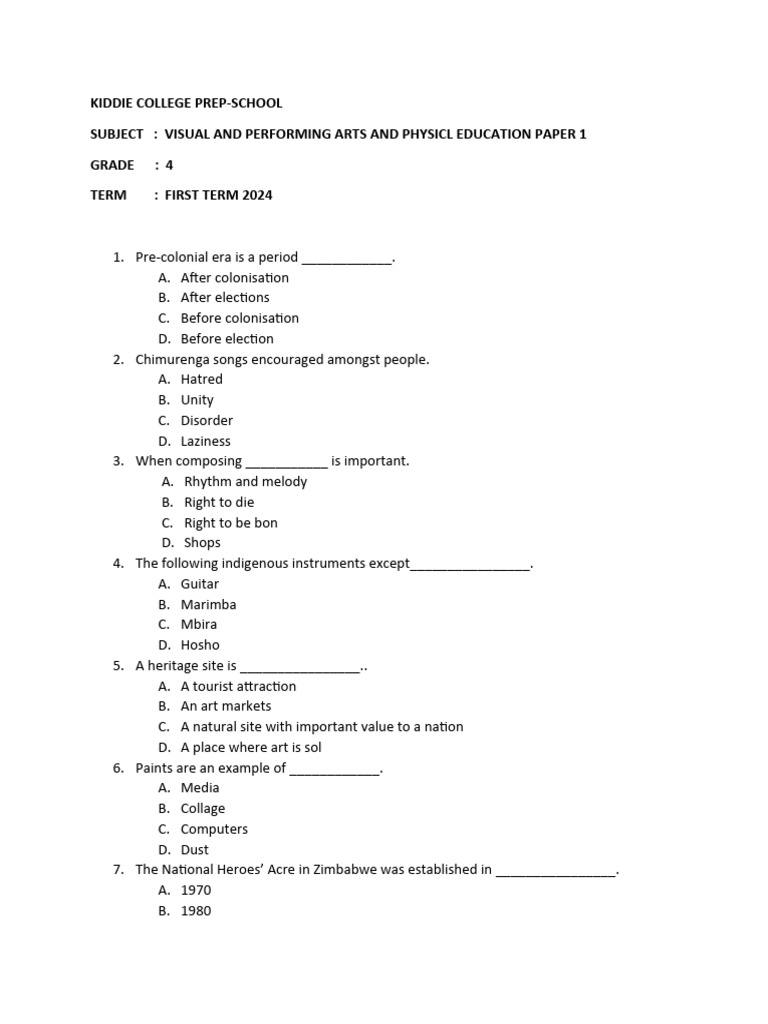 Grade 4 Visual and Performing Arts and Physical Education Paper 1,2024 ...