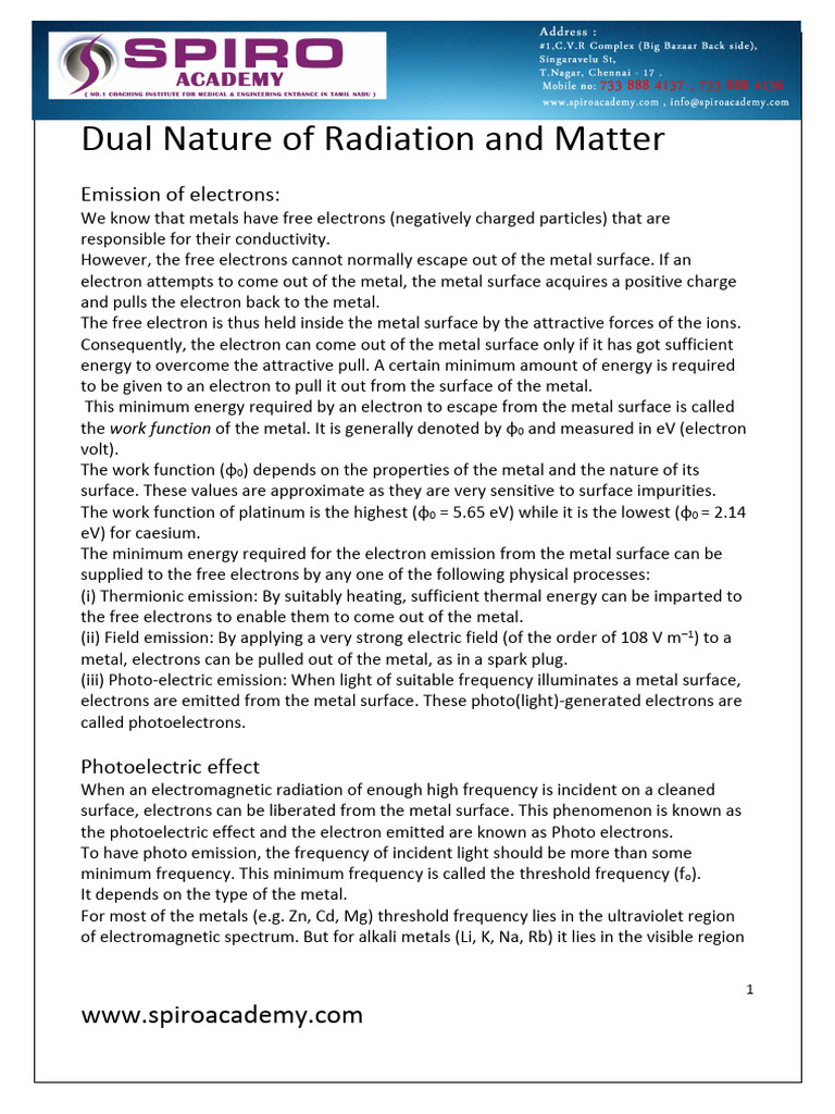 Dual Nature of Radiation and Matter | PDF | Photoelectric Effect | Photon