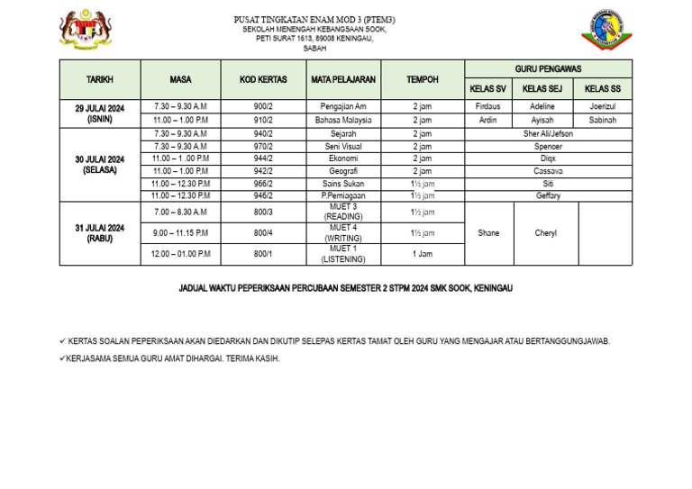 Jadual Percubaan STPM 2024 | PDF