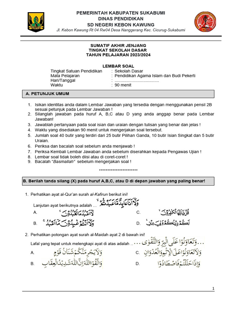 Soal Saj Pabp SD 2024 | PDF