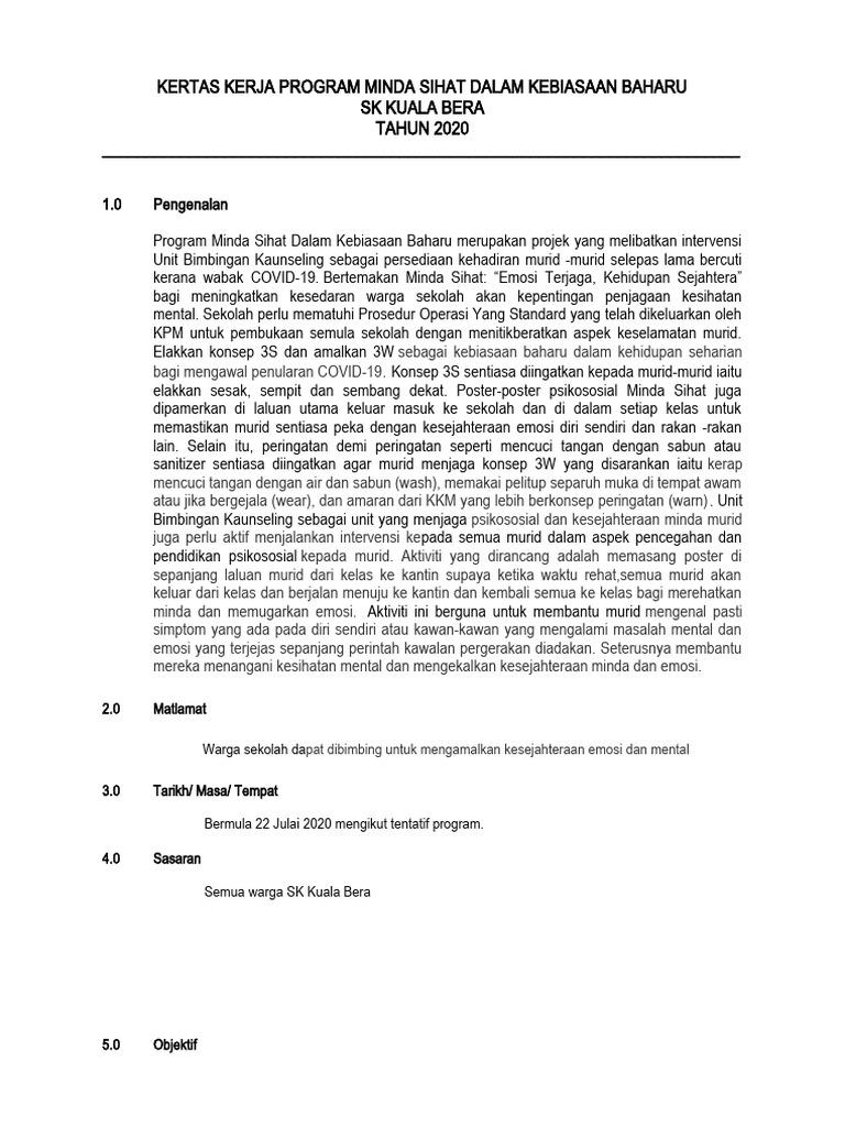 Kertas Kerja Program Minda Sihat Dalam Kebiasaan Baharu | PDF