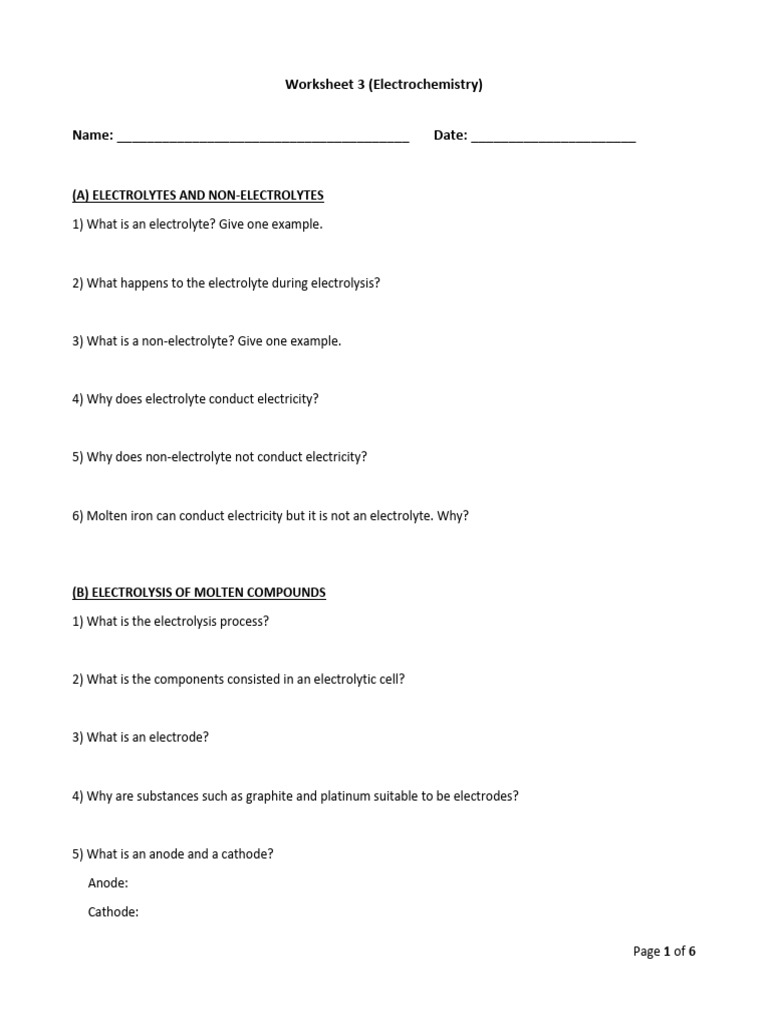 Electrochemistry Worksheet Guide | PDF | Anode | Electrode