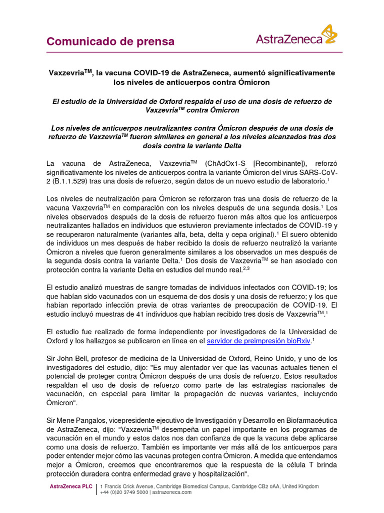 COP - Vacuna COVID-19 de AZ Aumentó Los Niveles de Anticuerpos Contra Ómicron | PDF | Astra ...