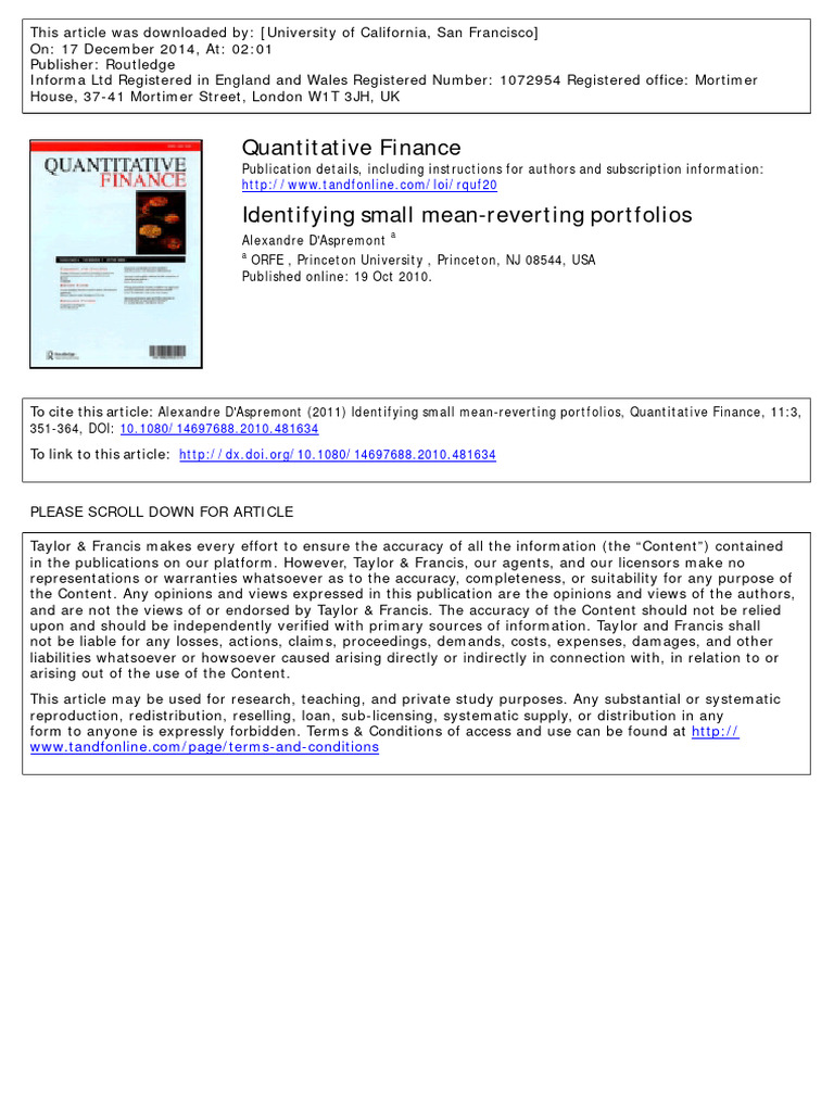 Identifying Small Mean-reverting Portfolios | PDF | Eigenvalues And Eigenvectors | Arbitrage